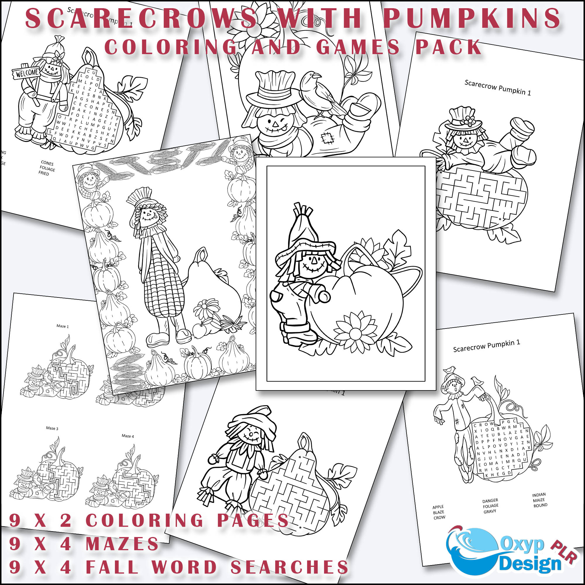 Scarecrows with Pumpkins Coloring and Games Pack