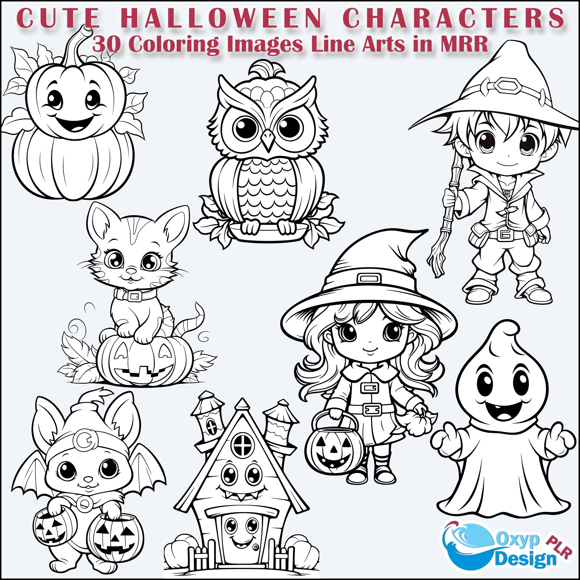 Cute Halloween Characters line arts Coloring images