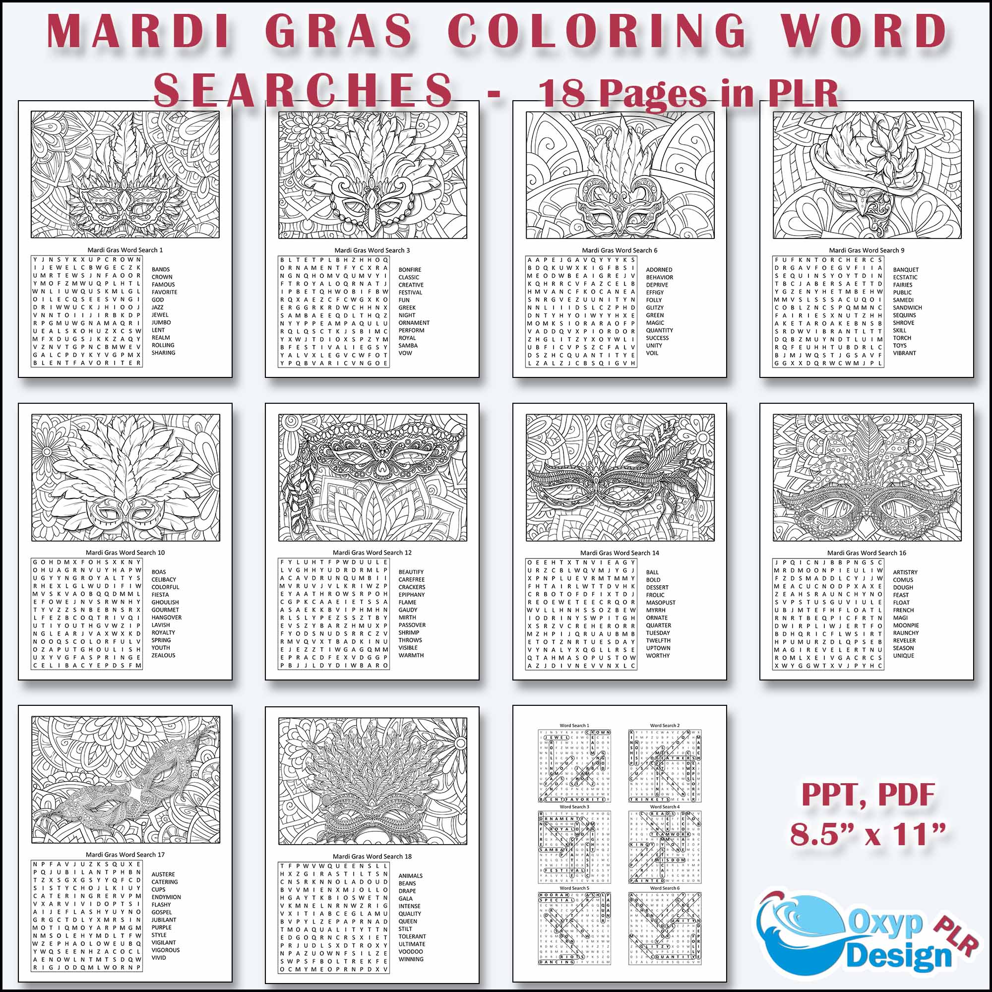 Mardi Gras Coloring Word Searches